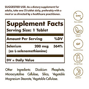 Solgar Yeast-Free Selenium 200 mcg, 100 Tablets - Supports Antioxidant & Immune System Health - Non-GMO, Vegan, Gluten Free, Dairy Free, Kosher - 100 Servings