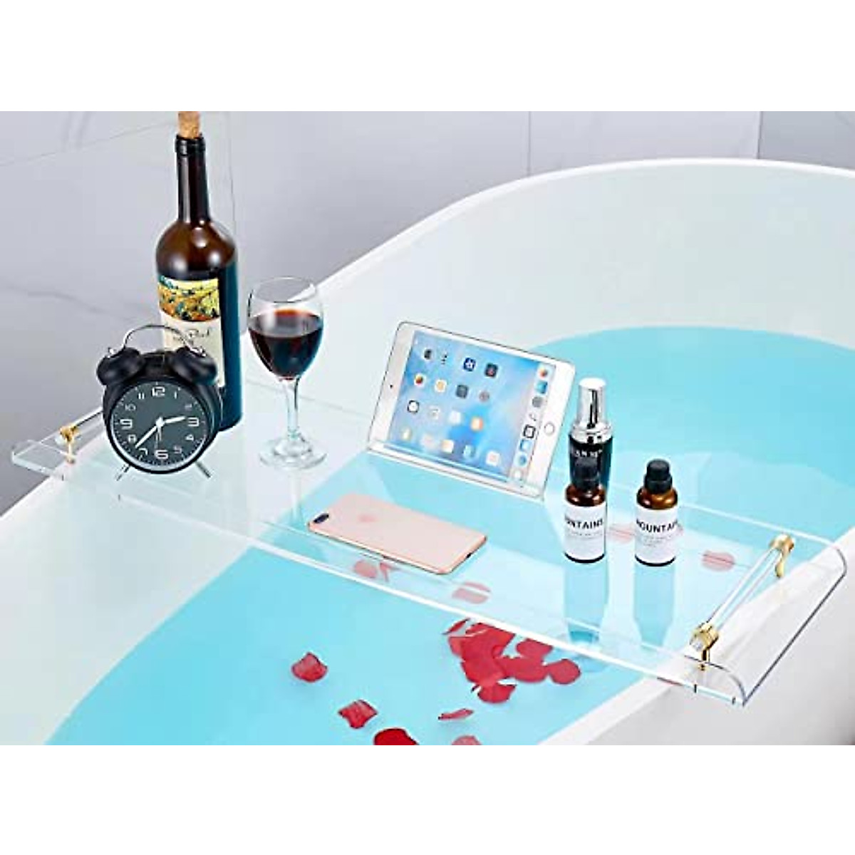Bathtub Rack - Clear Acrylic Tray with Handles to Hold Book, Phone, Candles, Food, Wine & Tablet - Waterproof Caddy, Wide Frame, Fits Most Bath Tubs - Bathroom Accessories, Luxury Gifts for Women
