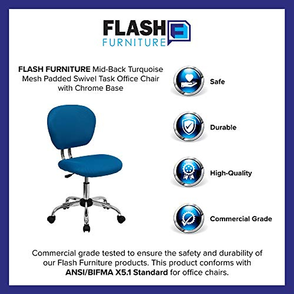 Flash Furniture Beverly Mid-Back Turquoise Mesh Padded Swivel Task Office Chair with Chrome Base