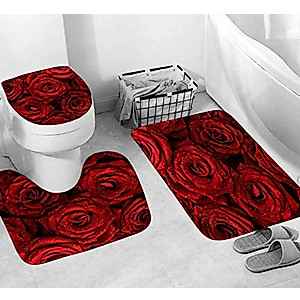 4pcs Red Roses Bathroom Sets with Shower Curtains and Rugs for Women Romantic Red Roses Shower Curtains with Nonslip Rugs and Soft Bath Mat Toilet Seat Cover for Valentines’ Day Gifts