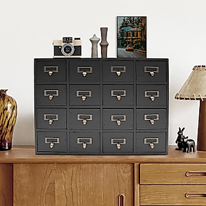 NDKASHF 16 Drawers Cabinet with Drawers Tabletop Apothecary Chests and Cabinets Library Card Catalog Cabinet Herb Storage Box Wooden Desk Drawer Organizer Medicine Rustic Furniture (Black)