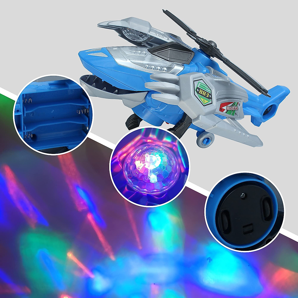 Elimiic Helicopter Toys for 3 4 5 6 Year Old Boys Automatic Transform Dinosaur Toys with LED Light and Music 4-6 Year Old Boy Birthday Gifts(Blue)
