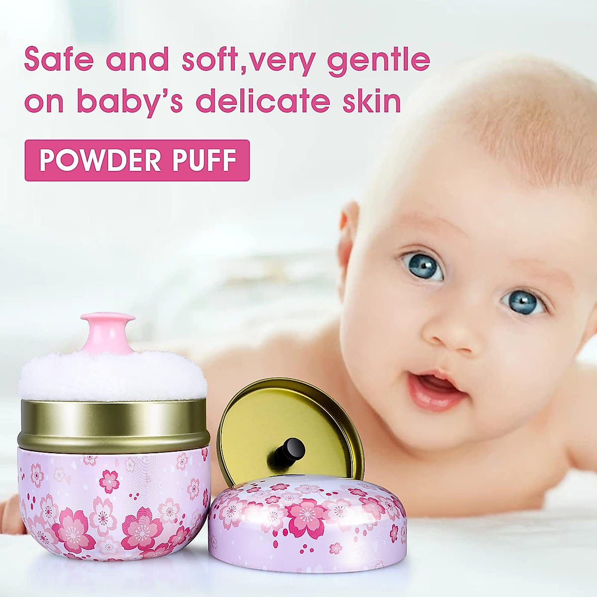 Molain Powder Case with Powder Puff for Body Baby After-Bath Powder Puff Kit Body Powder Puff and Container Dusting Powder Box for Baby&Women (Pink)