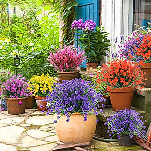 KLEMOO Artificial Flowers, 8 Bundles Fake Outdoor UV Resistant Greenery Faux Plants Shrubs for Indoor Outside Hanging Planter Home Office Wedding Farmhouse Decor (Purple)