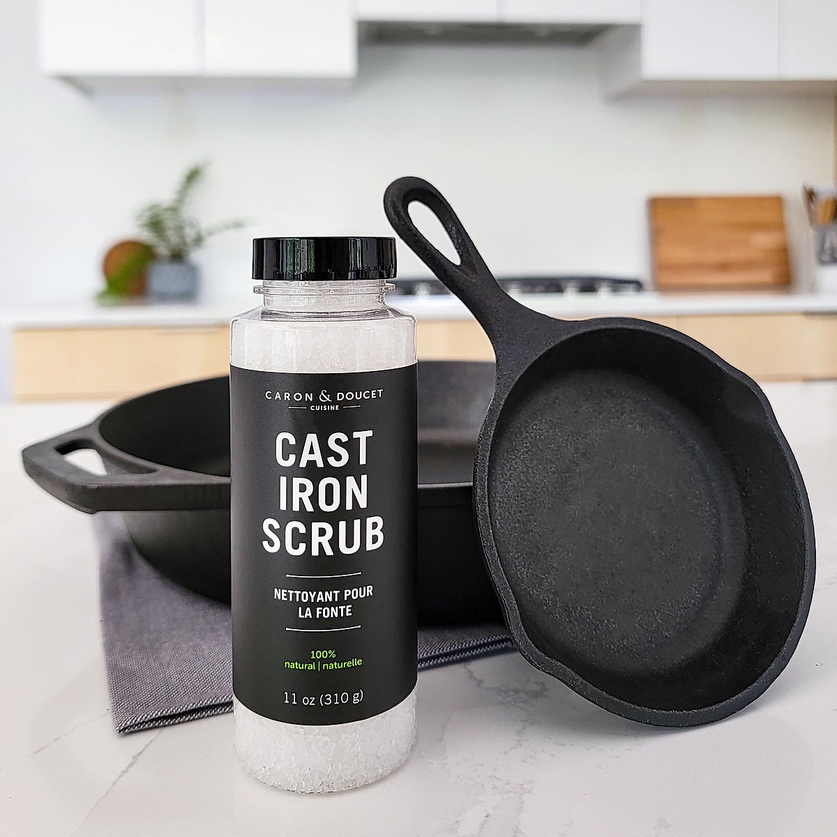 CARON & DOUCET - Cast Iron Cleaning & Restoring Scrub | 100% Natural | Best for Removing Rust Without Scratching & Care Before Cleaning, Washing & Seasoning (11 Ounce)