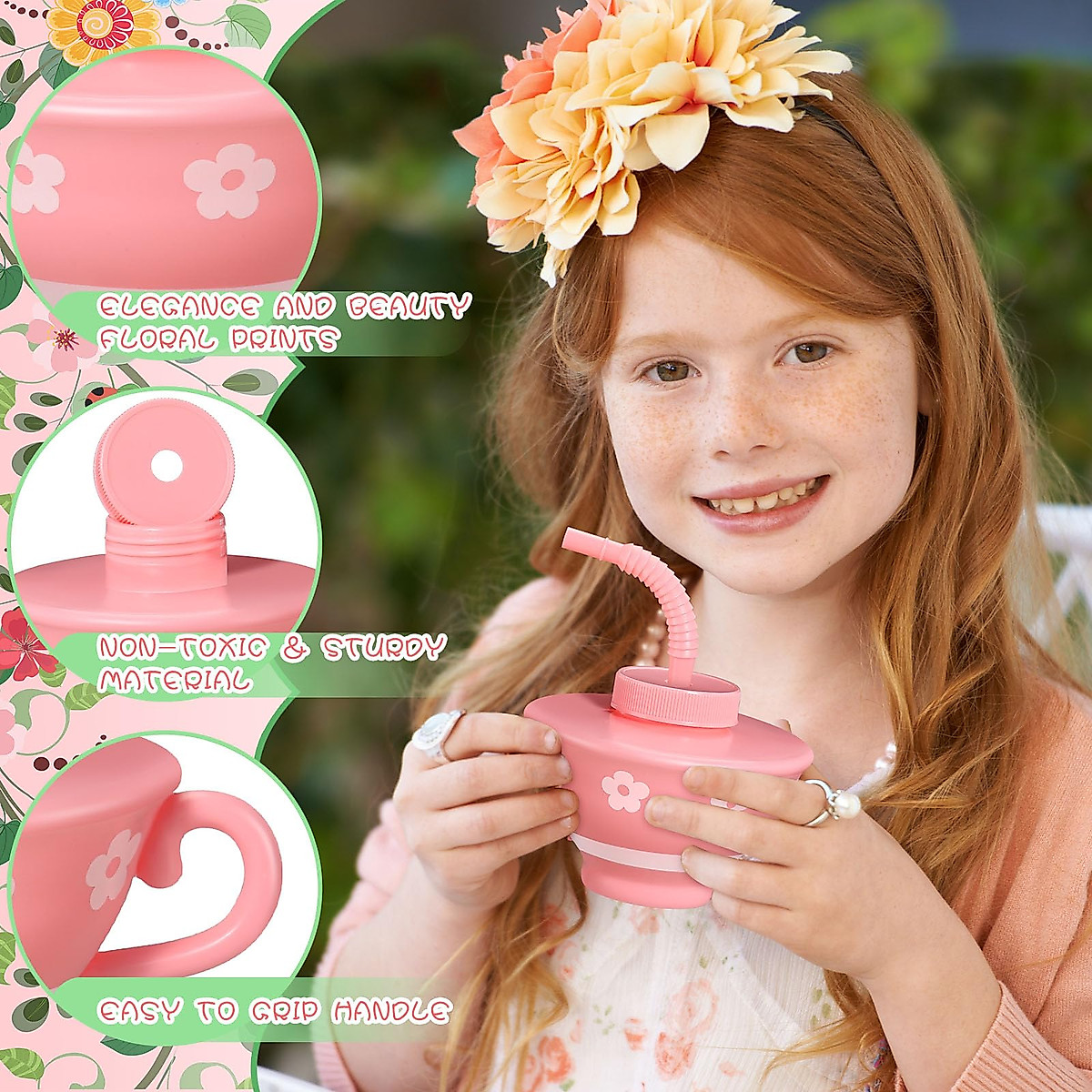 Zhehao Tea Cups with Straws and Lids, 9 oz Plastic Tea Cups Reusable Creative Party Tea Cups Bulk for Kids Birthday Baby Shower Princess Tea Party Supplies(12 Pieces)