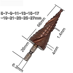 HSS-CO M35 Step Drill Bits Cut Tool， Step Drill for DIY Woodworking, Plastic Wood 5-27mm