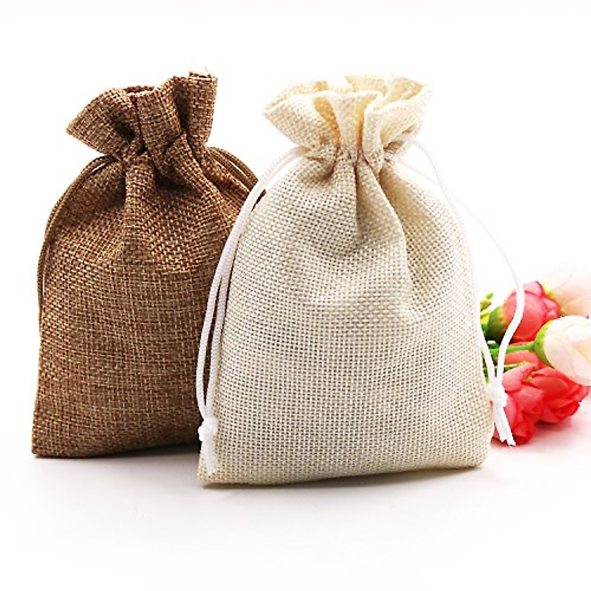 SumDirect Small Burlap Gift Bags - 20Pcs 4x6inch Mixed Color Jewelry Pouches with Drawstring, Reusable Linen Gift Bags for Wedding, Party, Valentine, Christmas