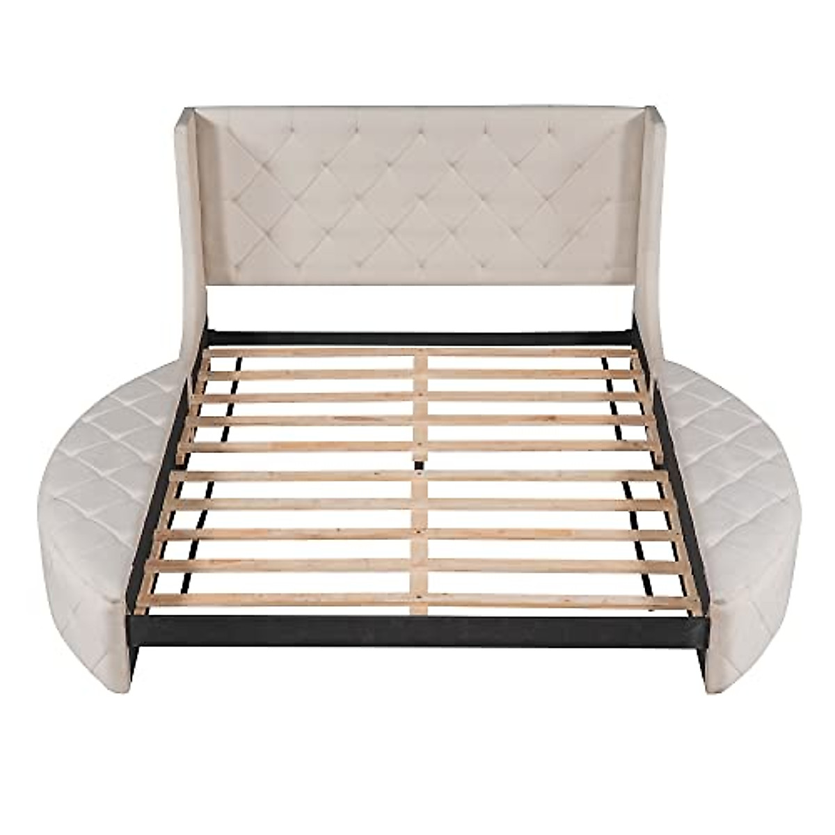 YUNLife&Home Upholstered Queen Size Platform Storage Bed with Wingback Headboard, 1 Big Drawer and 2 Side Storage Stool, Velvet Upholstered Bed Frame, Wooden Bed Frame, No Box Spring Needed