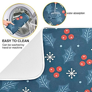 Christmas Holly Berry Leaves Dish Drying Mat Kitchen Counter Drying Mat Kitchen Matt Dish Dryer Cloth Dish Wish Drying Mat 18 x 24