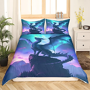 Dragon Duvet Cover Set Queen Size,Blue Purple Nebula Galaxy Bedding Set Kids Boys Girls Room Decor,Mountain Wildlife Nature Comforter Cover 3Pcs,Western Magical Dragon Bedspreads Cover,2 Pillowcases