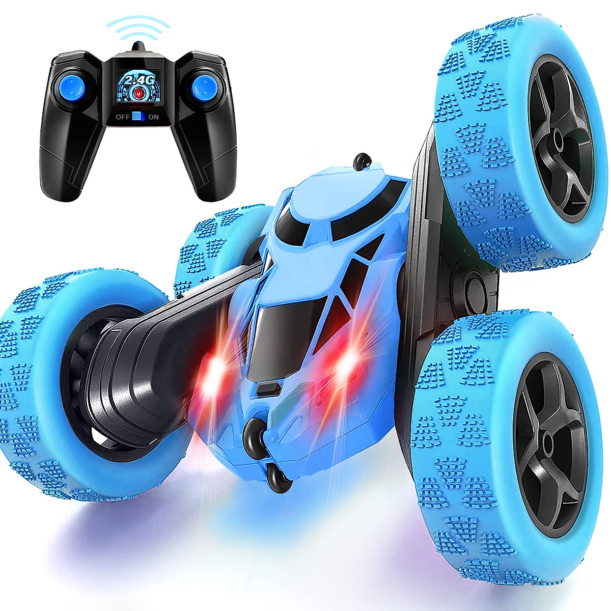 Remote Control Car Stunt RC Cars, 90 Min Playtime, 2.4Ghz Double Sided 360° Rotating RC Crawler with Headlights, 4WD Off Road Drift RC Race Car Toy for Boys and Girls Aged 6-12 Blue