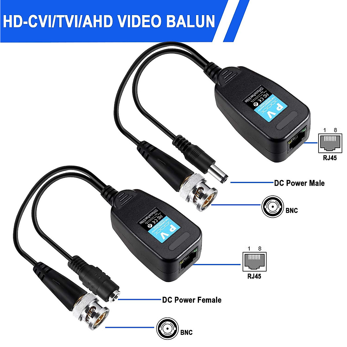 DeguangXin Passive Video Balun 12 Pairs HD-CVI/TVI/AHD Passive Video Balun with Power Connector and RJ45 CAT5 Data Transmitter BNC Twisted Pair