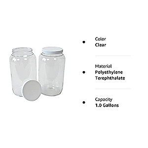 CSBD 1-Gallon Clear Plastic Jars With Ribbed Liner Screw On Lids, BPA Free, PET Plastic, Made In USA, Bulk Storage Containers 2-Pack (1-Gallon)