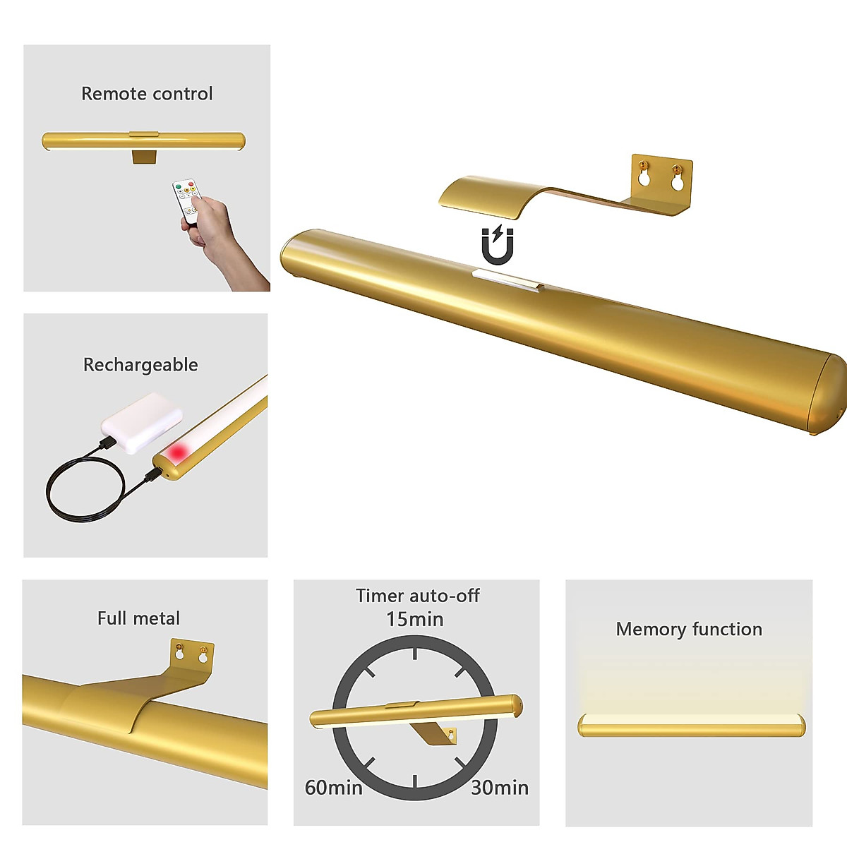 Gold Wireless Led Picture Light with Remote Control - Rechargeable Battery, Metal Art Display Accent Light, 300LM, Dimmable for Gallery, Dartboard
