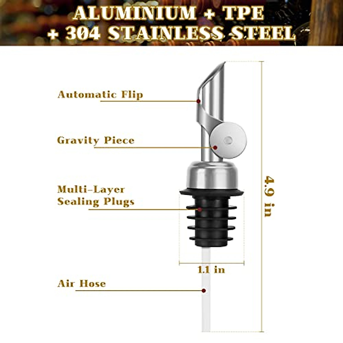 Luismia 6 PCS Liquor Bottle Pourers, Weighted Stainless Steel Pourer Spouts, Auto Flip Olive Oil Dispenser Spout, Balsamic Vinegar Pour Spouts, Alcohol Pourer Spouts, Liquor Pour Spout, Silver