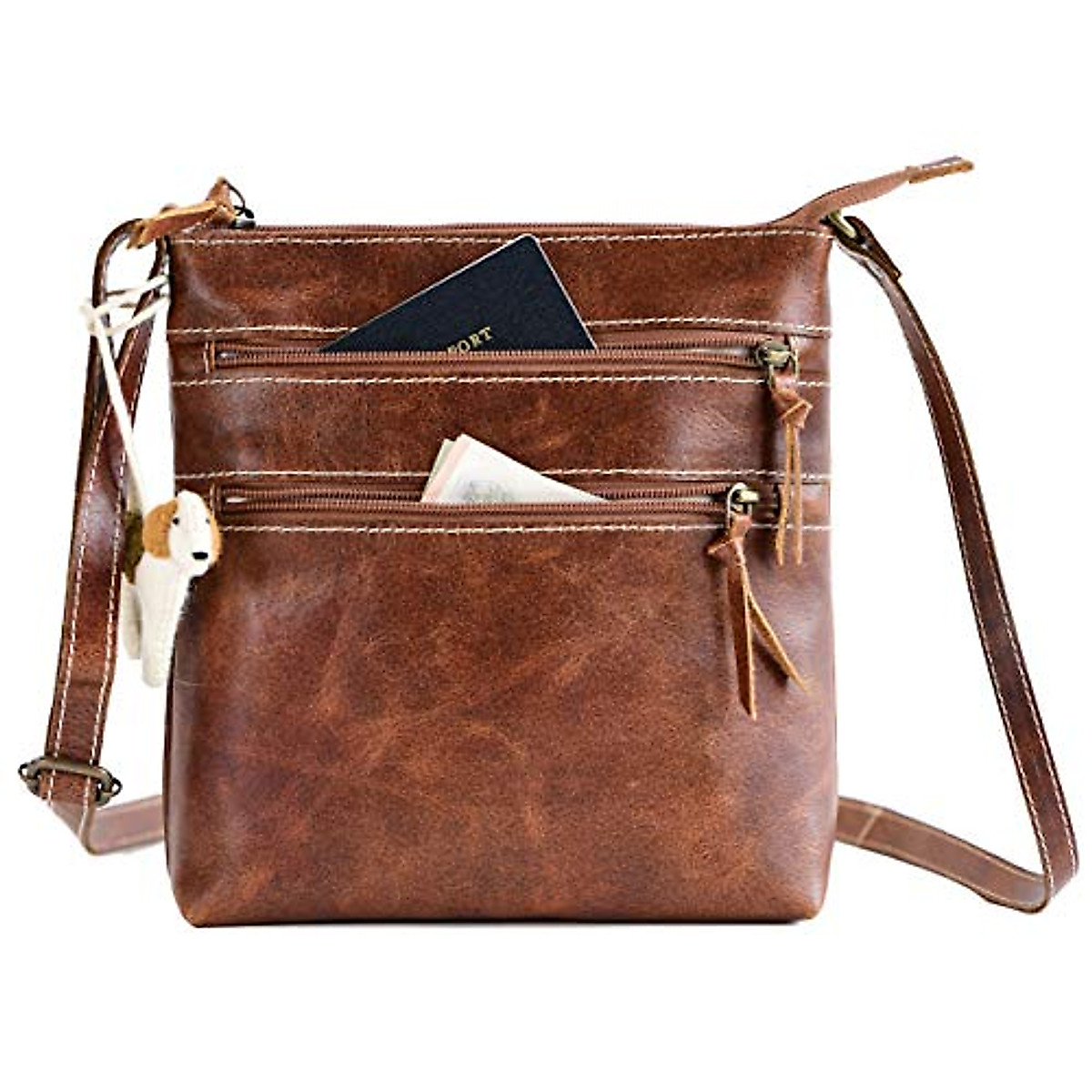 Hide N Craft Stylish Full Grain Real Leather Crossbody Bag For Women Crossover Purse, Long Shoulder, with Adjustable Strap, 2 Front and Internal Pocket, Girls Handbag (8.5x2x9 inches) – Brown