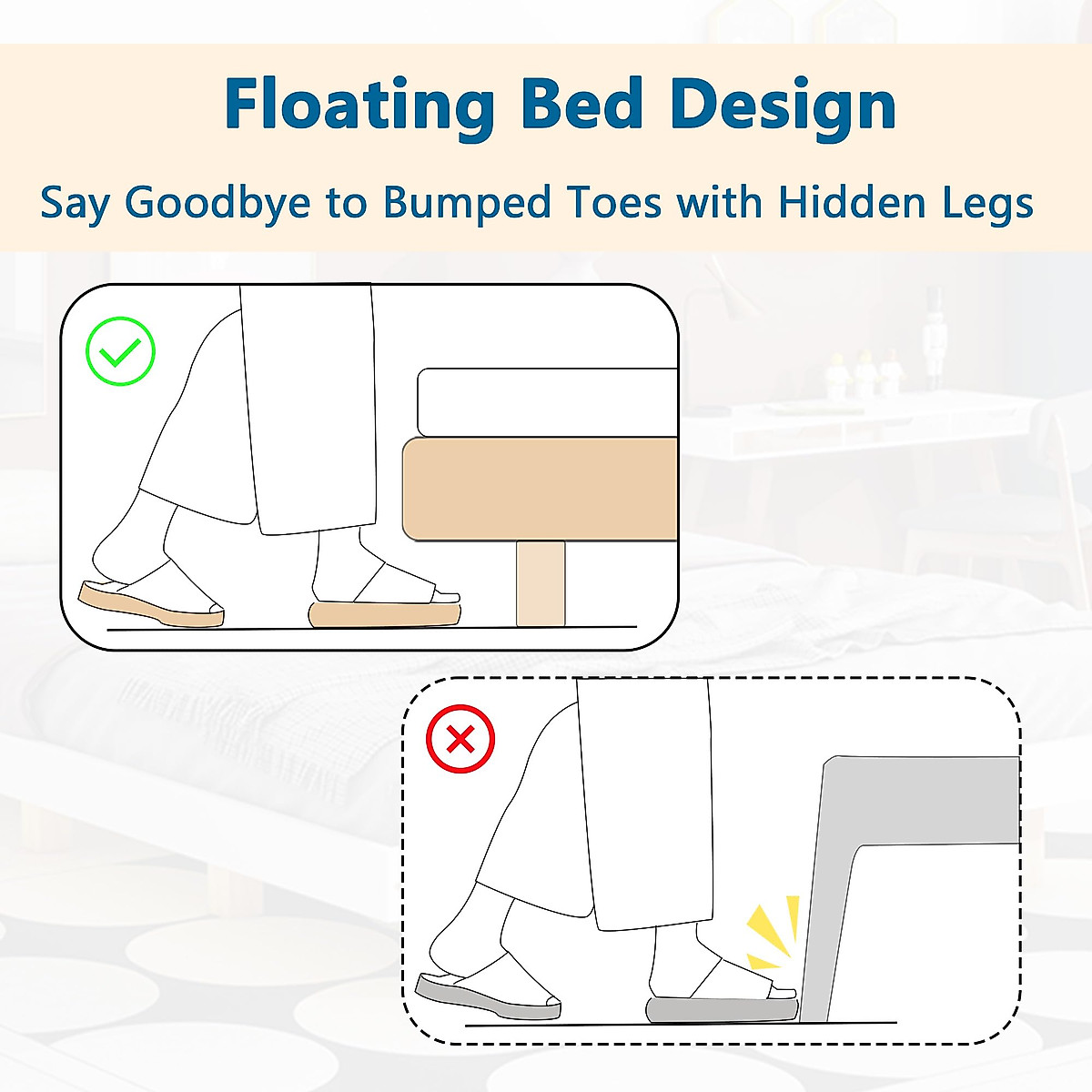 Dolonm Queen Size Bed Frame, Floating Bed Frame with LED Lights, Modern Low Profile Platform Bed Frame, Solid Pine Wood Slats Support, Noise Free, No Box Spring Needed, Easy Assembly, White