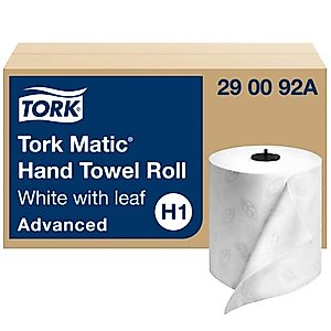 Tork Matic Hand Towel Roll, White With Gray Leaf, Advanced, H1, 100% Recycled Fiber, High Absorbency, Medium Capacity, 2-Ply, 6 Rolls x 525 ft - 290092A