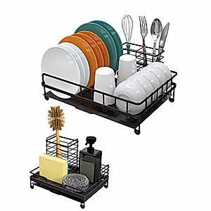 LKKL Dish Racks for Kitchen Counter- Rustproof Kitchen Dish Drying Rack with Drainboard,2 in 1 Small Dish Rack Drainer Set with Sponge Holder,Saving Space Dish Drainers for Kitchen Counter,Black