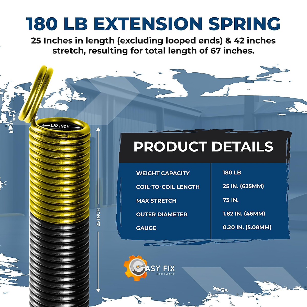 Easy Fix Hardware 180 lb. Heavy-Duty Double-Looped Garage Door Extension Spring (2-Pack) - Gold | Springs for Overhead Garage Door Hardware Repair | Minimum 30,000 Cycles for 7' Feet Garage Door