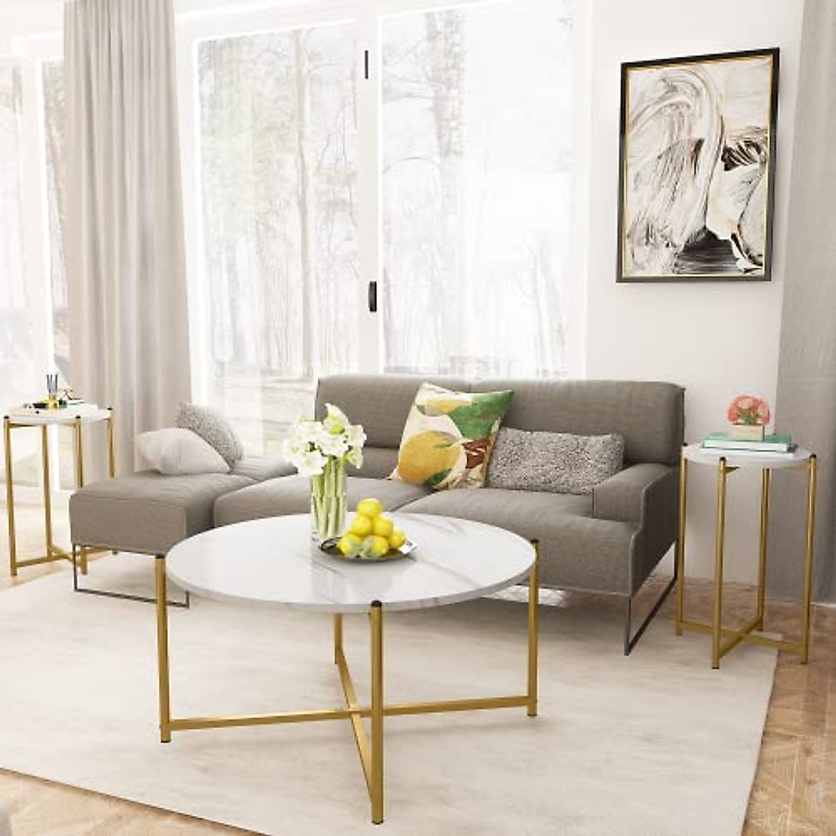 AWQM Faux Marble Coffee Table Set of 3, 1 Coffee Table & 2 Sofa Table, Round Tabletop and Metal Cross Base Frame,Perfect for Living Room Apartment, White & Gold