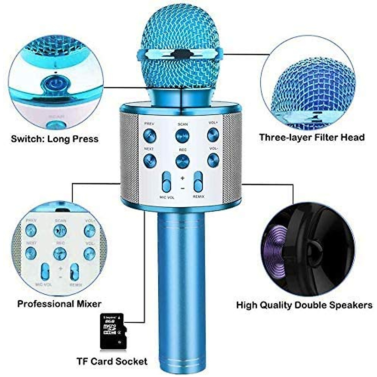 huxspoo Wireless Bluetooth Karaoke Microphone,Rechargeable Kids Microphone Karaoke Machine - Best Gifts for Kids Adults (Blue)
