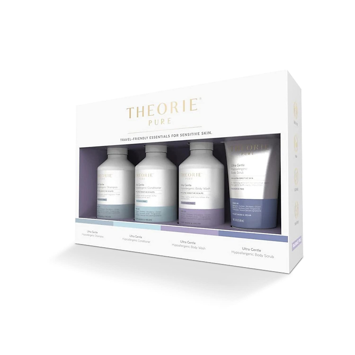THEORIE PURE Travel Size Toiletries Set - Hypoallergenic Shampoo, Conditioner, Body Wash & Face Scrub - Fragrance-Free, No Sulfates or Parabens - Clean Beauty Essentials for Hair & Skin