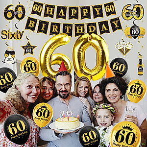Turypaty 36Pcs 60th Birthday Decorations Kit for Men Women, Black Gold Happy 60 Birthday Banner Balloons Honeycomb Centerpiece Hanging Swirls Kit Party Supplies, Sixty Year Old Bday Table Topper