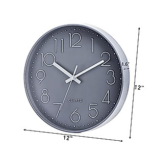 Hacaroa 12 Inch Silent Non-Ticking Wall Clock, Decorative Modern Clock Battery Operated, Round Clock Glass Cover Sweep Movement for Living Room, Office, School, Gray