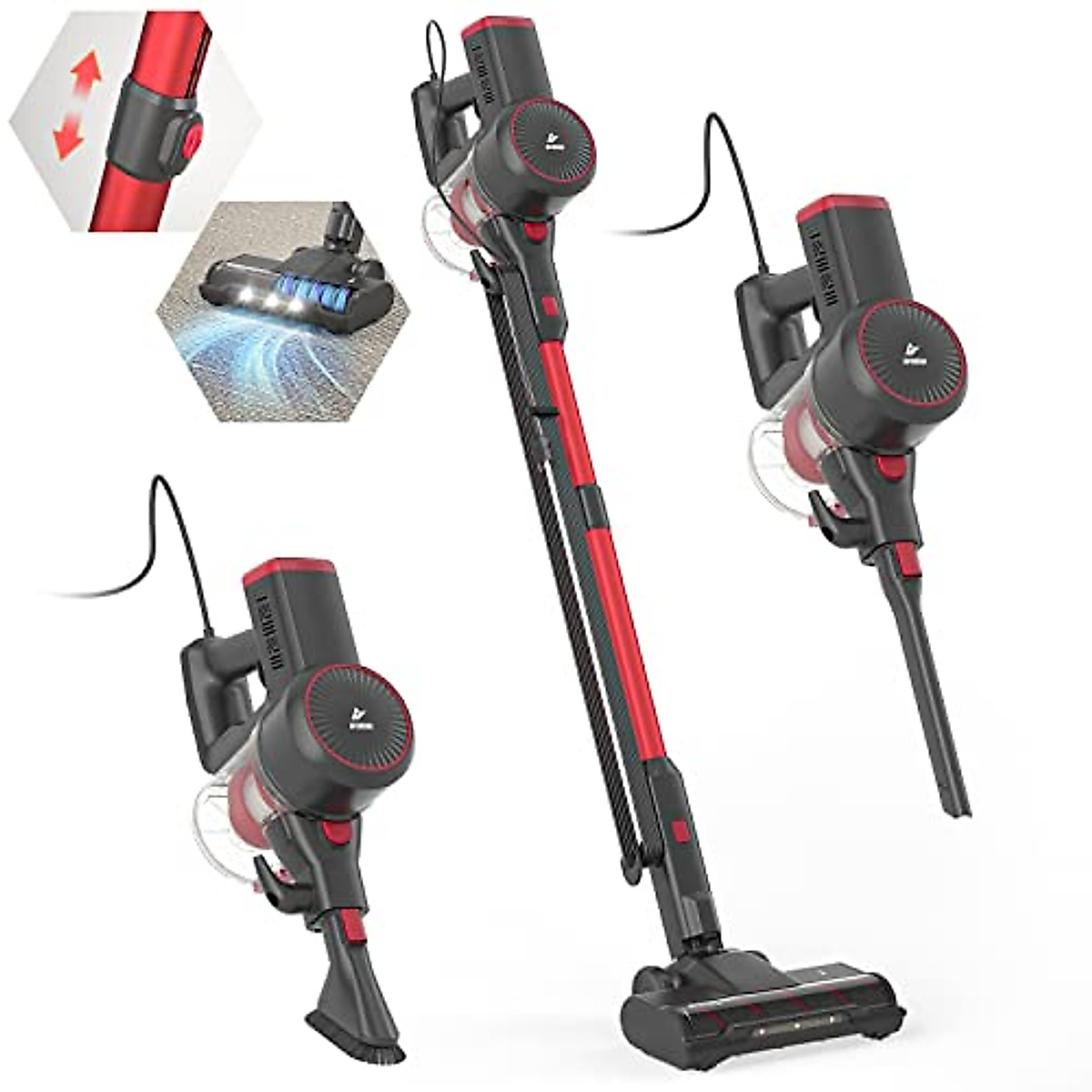 Corded Stick Vacuum Cleaner, 600W 20Kpa Stick Vacuum with Anti-Tangle Motorized Led Floor Brush 6-in-1 Self-Standing&Multi-Tool, Lightweight Handheld Vacuum for Hardwood Floor/Carpet/Pet Hair A300