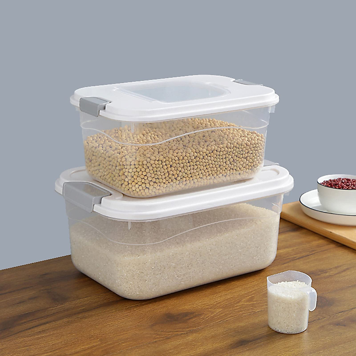 Zuiaso Large Rice Container Set, (Set of 3) Rice Storage Containers, Shelf Storage Ingredient Bin with Lid and Measuring Cup for Kitchen