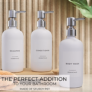 Stylish Shampoo and Conditioner Dispenser Set of 3 - Modern 21oz Shower Soap Bottles with Pump and Labels - Easy to Refill Body Wash Dispensers for an Instant Bathroom Decor Upgrade - White