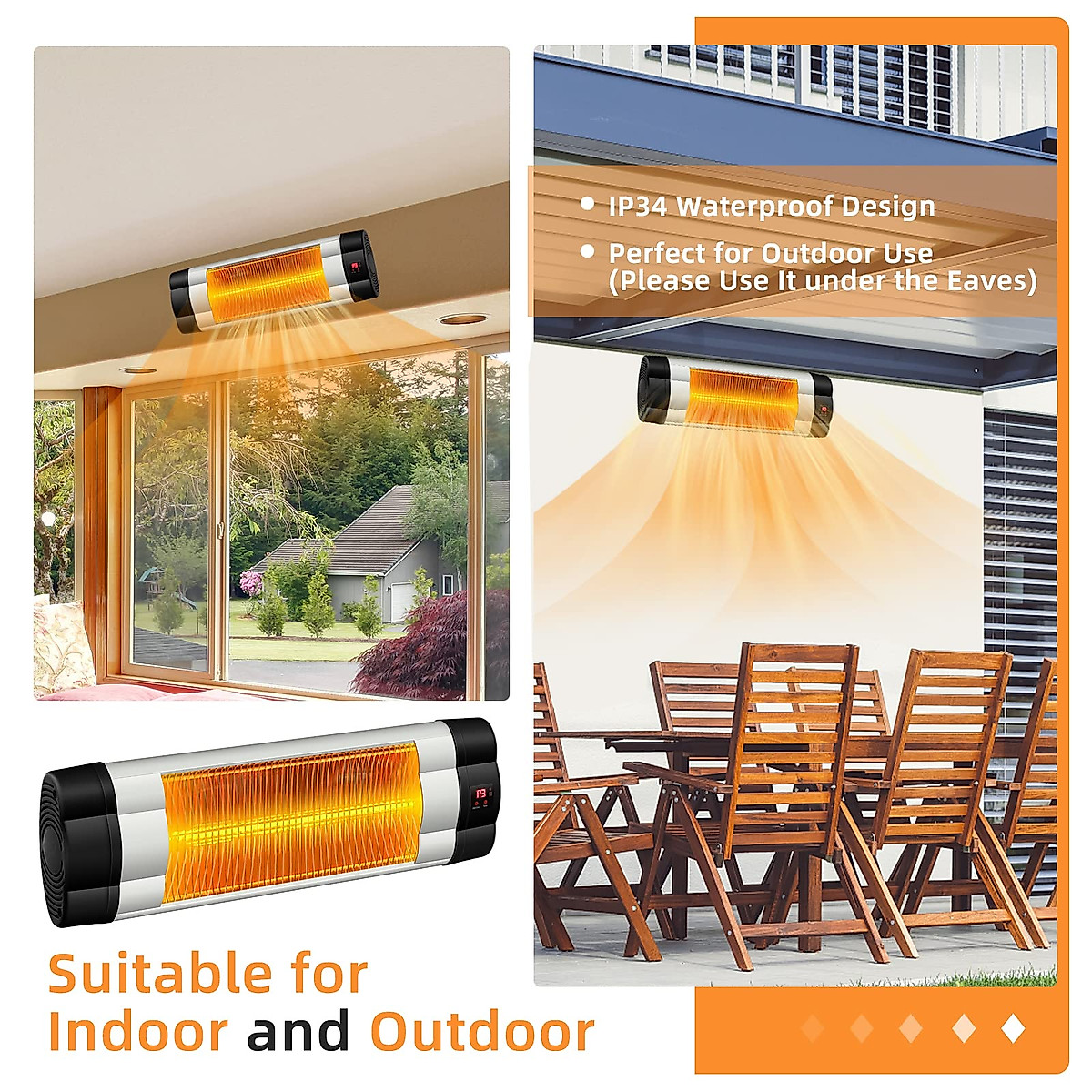 COSTWAY Wall Mounted Patio Heater, 1500W Electric Infrared Heater with Remote Control, 24H Timer, Carbon Fiber Tube, Waterproof Indoor Outdoor Haning Heater for Patio Garage Balcony Porch
