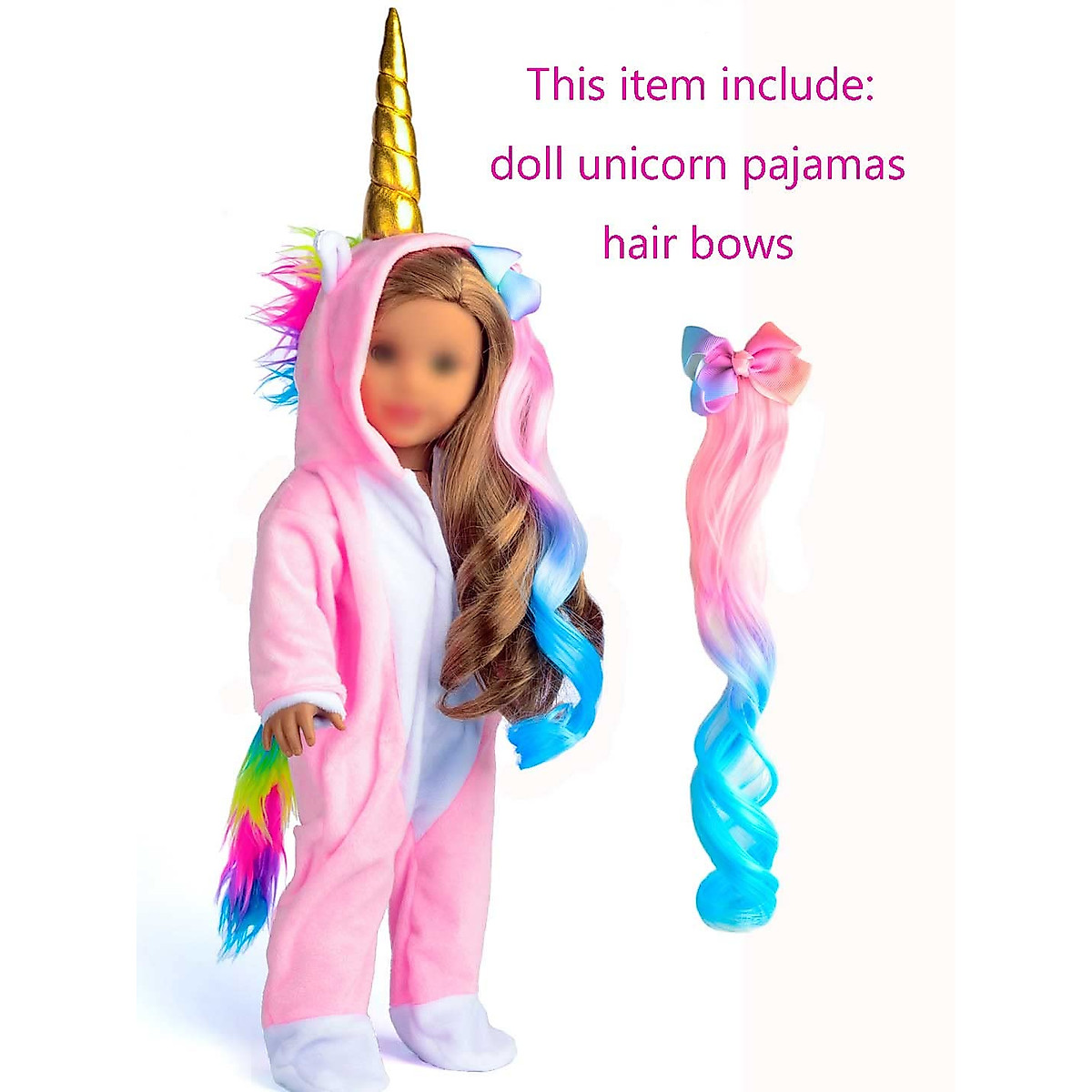 sweet dolly 18 Inch Doll Clothes Unicorn Onesie Pajamas Rainbow Color Hair Bow Clips Costume Fits 18 Inch Doll (Doll Not Included)
