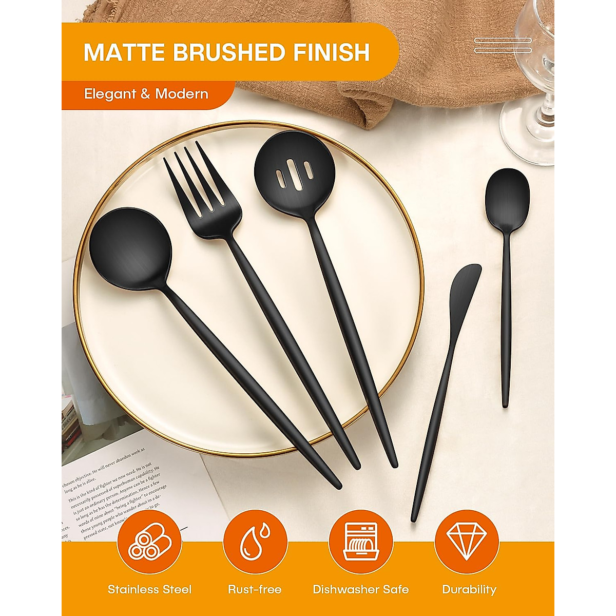 EUIRIO 5PCS Large Serving Utensils Set, Matte Black Hostess Flatware Serving Utensils, Heavy Duty Stainless Steel Serving Spoon, Slotted Spoon, Serving Fork, Sugar Spoon&Butter Knife, Dishwasher Safe
