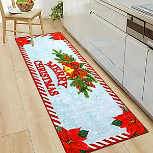 junovo 2 x 6ft Christmas Area Rug Runner Merry Christmas Poinsettia Indoor Rug for Xmas Holiday Decoration, Non-Slip Festive Christmas Carpet Red Flower Door Mat for Fireplace Bedroom Living Room