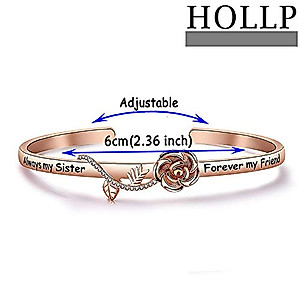 Best Friend Bracelet Sister Gift Always My Sister Forever My Friend Cuff Bracelet with Rose Flower Gift for Sisters Friendship Jewelry (Gold)