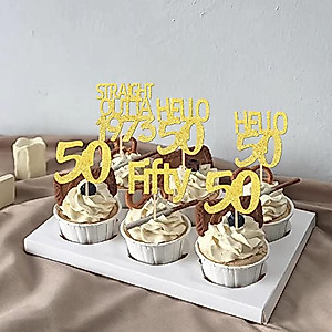 36PCS Happy 50th Birthday Cupcake Toppers Gold Glitter Fifty Hello 50 Straight Outta 1973 Cupcake Picks for Cheers to 50 Years Birthday Wedding Anniversary Party Cake Decorations Supplies