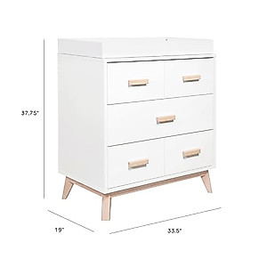 Babyletto Scoot 3-Drawer Changer Dresser with Removable Changing Tray in White and Washed Natural, Greenguard Gold Certified