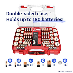 Battery Organizer Storage Case with Tester, Holds 180 Batteries, Clear Hinged Cover, Locking Lid - For AA, AAA, C, D and More