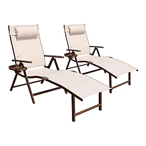 GOLDSUN Aluminum Outdoor Folding Reclining Adjustable Patio Chaise Lounge Chair with Pillow for Poolside Backyard and Beach Set of 2, Set of Two, Beige