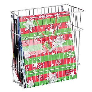mDesign Metal Wall Mount Organizer Basket for Holiday Wrapping Paper Storage - Holder for Bow, Labels, Gift Bag, and Ribbon - Hang in Closet or Cabinet - Concerto Collection - Chrome