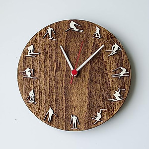 Skiing clock 10" diameter, Wood clock with Skiers, Winter sport home decor