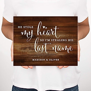 Andaz Press Personalized Wedding Party Signs, Rustic Wood Print, 8.5-inch x 11-inch, He Stole My Heart, So I'm Stealing His Last Name, 1-Pack