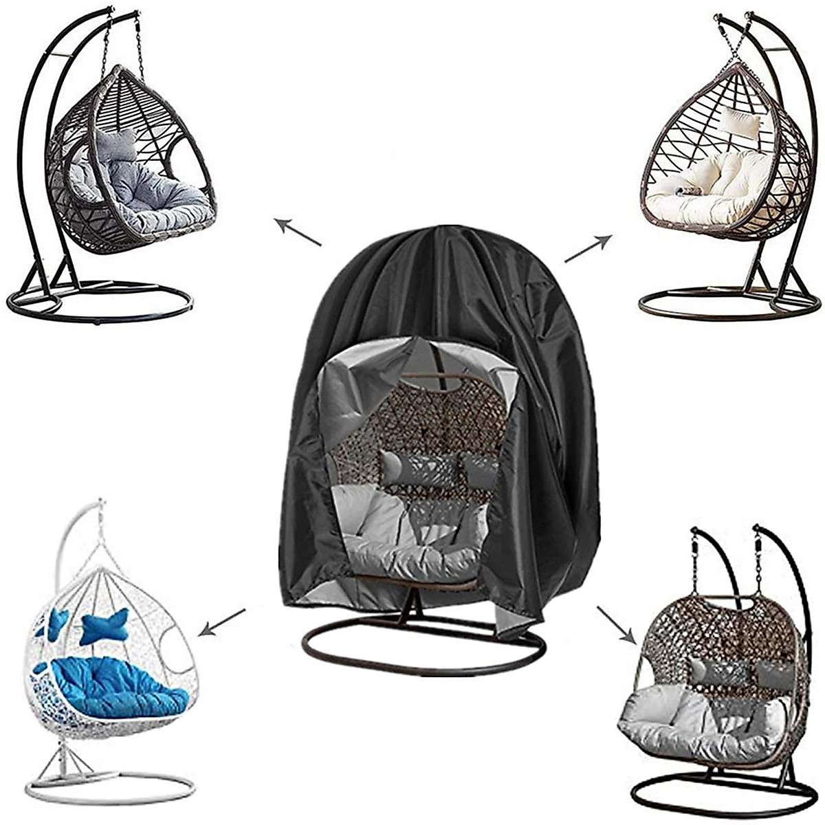 ASkinds Patio Hanging Egg Chair Covers with Zipper, Durable Double Wicker Egg Swing Chair Covers 91" Hx80 D Waterproof Resisatnt Outdoor Garden Chair Cover, Windproof Hanging Chair Cover(Black)