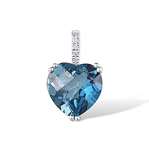 Santuzza 10K White Solid Gold Heart Shape London Blue Topaz Genuine Diamond Dainty Pendant Without Chain for Women