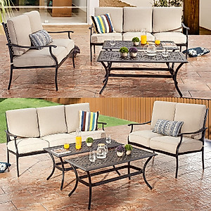 PatioFestival Patio Conversation Set 6 Pieces Metal Outdoor Furniture Seating Sets with Beige Thick Cushions, Rocking Chairs & Coffee Table & Loveseat