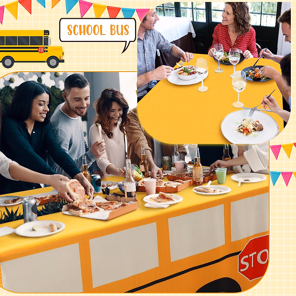 Oudain 6 Ft School BusTablecloth Birthday Party Table Cover Washable Fabric Polyester Rectangle Table Cover Protector School Bus Theme Party Back to School Party Decorations