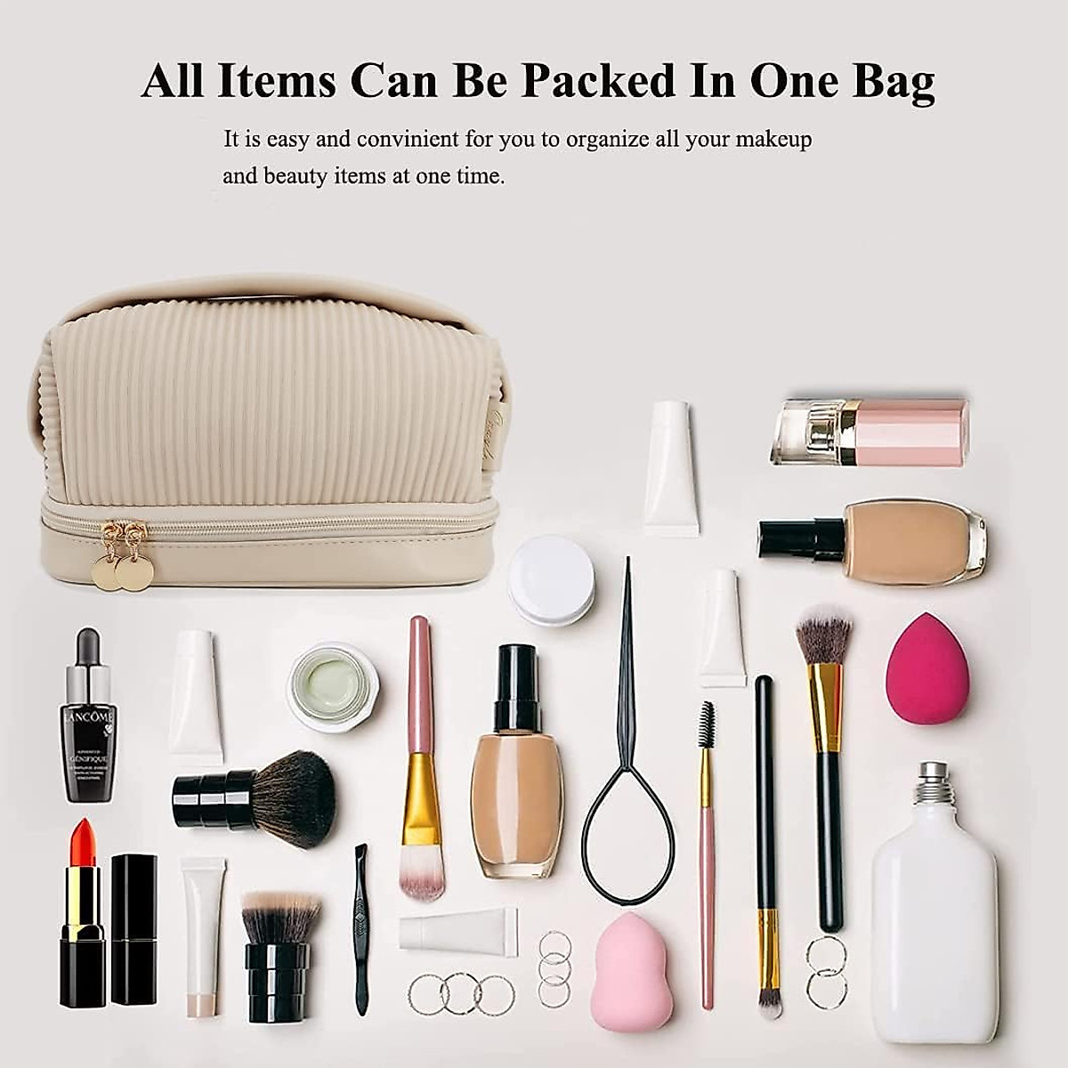 Makeup Travel Bag for Women, Large Capacity Water Proof Vegan Leather Cosmetic Bags, Double Layer Make up Organizer Bag